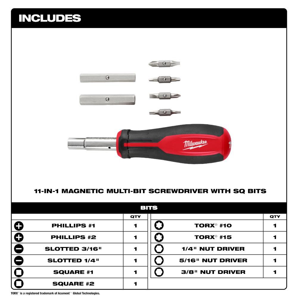 Milwaukee 11-in-1 Magnetic Multi-Bit Screwdriver 48-22-2914 - Acme Tools