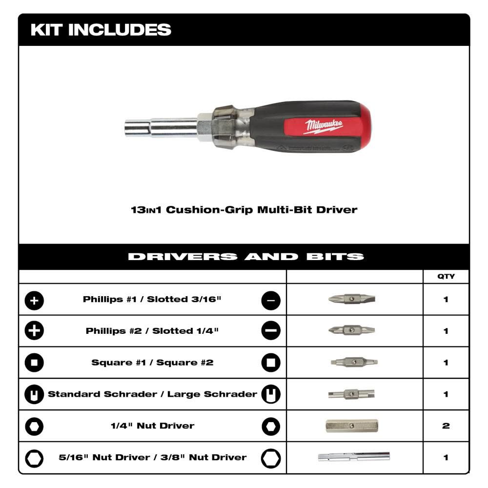 Milwaukee 13-in-1 Cushion Grip Screwdriver with Schrader Bit 48-22-2881 ...