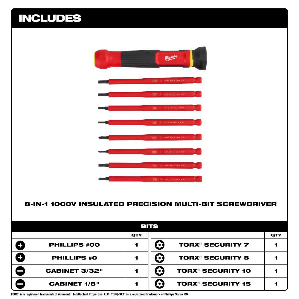 Milwaukee 8-in-1 1000V Insulated Precision Multi-Bit Screwdriver Set 48 ...