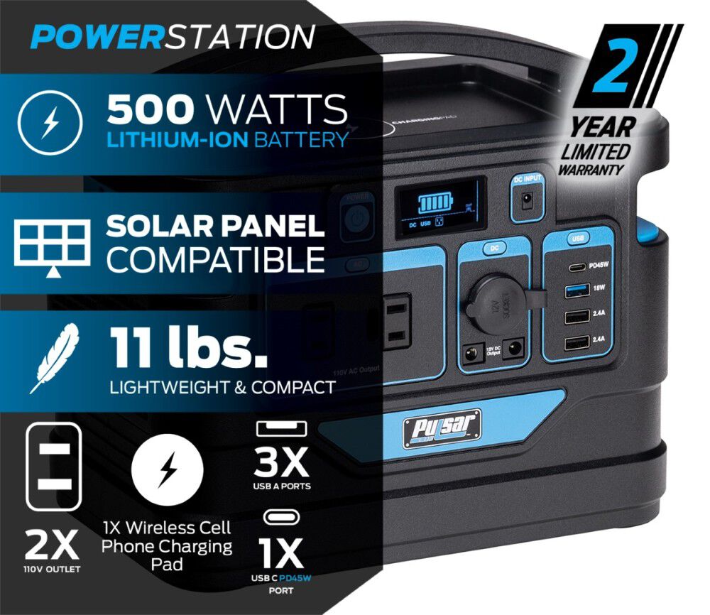 Pulsar Products 500 Watt Lithium Ion Portable Power Station PPS500 ...
