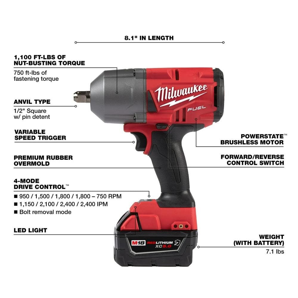 Milwaukee M18 FUEL High Torque 1/2 Impact Wrench with Pin Detent Kit 2766-22R - Acme Tools