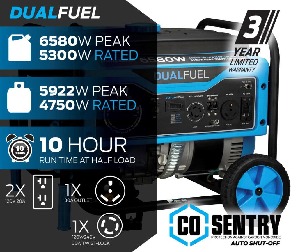 Pulsar Products 6580 Watt Dual Fuel Generator with CO Alert PG6580BCO ...