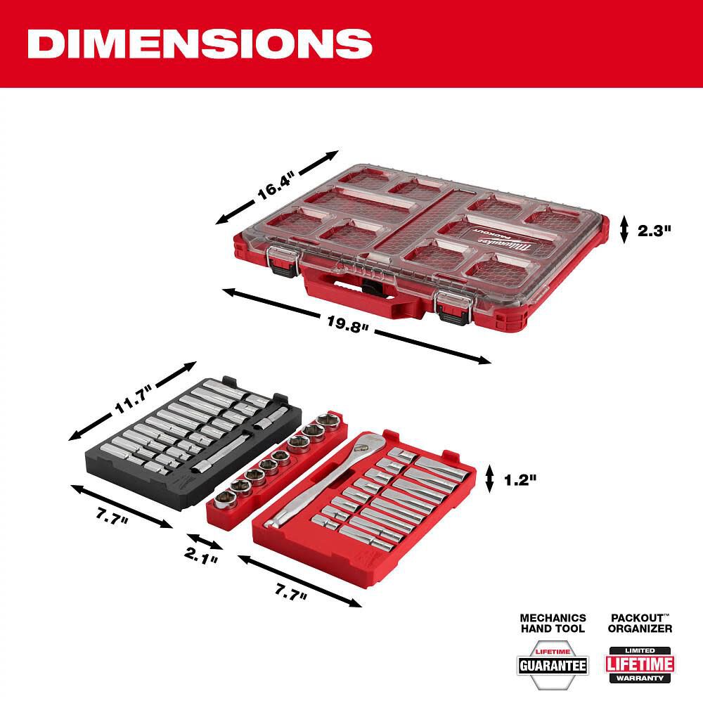 Milwaukee 1/2in Drive Ratchet & Socket Set with PACKOUT Organizer 47pc 48-22-9487 - Acme Tools