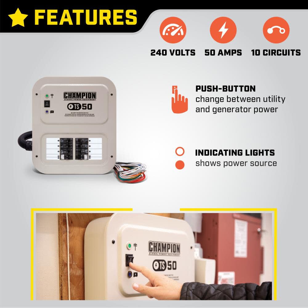 Champion Power Equipment 50 Amp Manual Transfer Switch with 30 ft Power ...