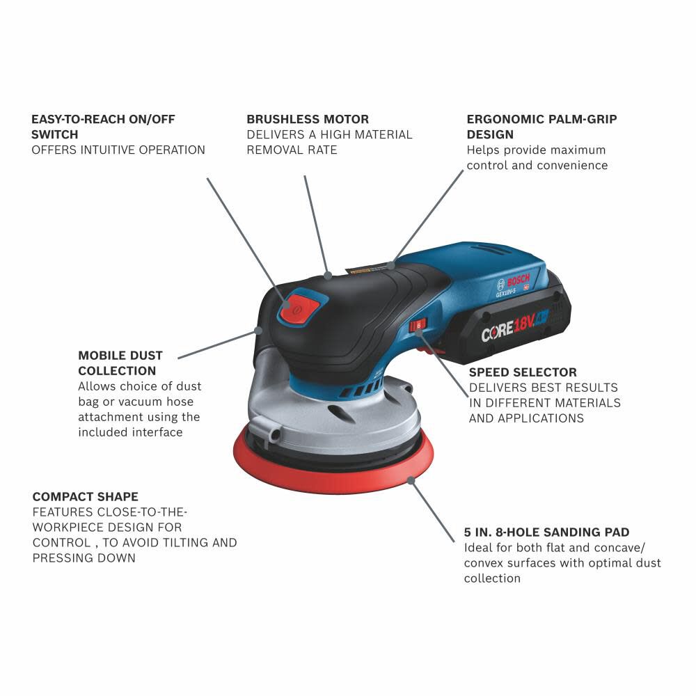 Bosch 18V Brushless 5 In. Random Orbit Sander Kit GEX18V-5B15 - Acme Tools
