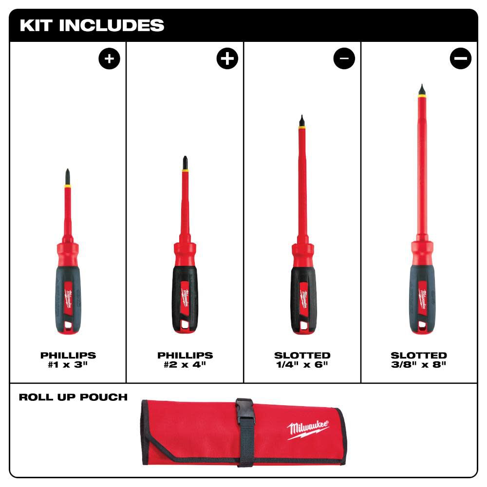 Milwaukee 4-Piece 1000V Insulated Screwdriver Set with Roll Pouch 48-22 ...