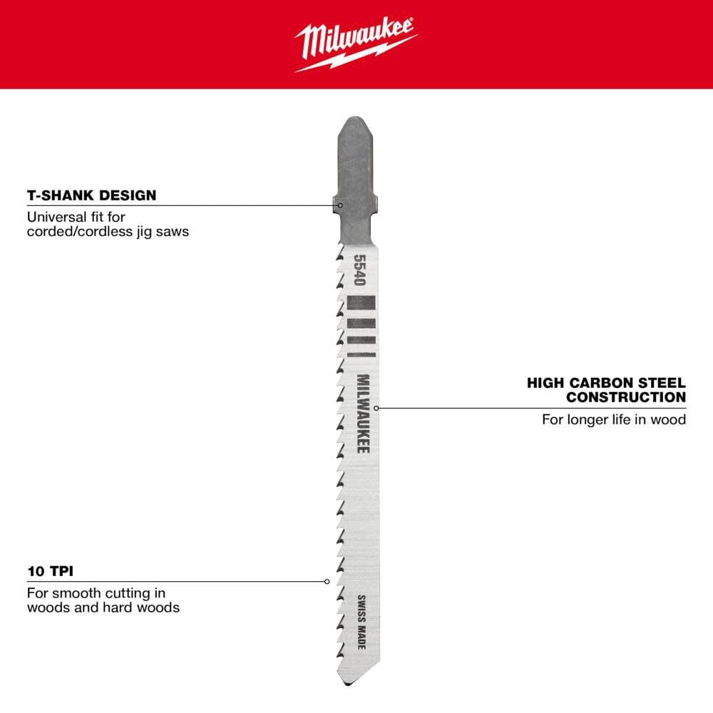 Milwaukee 4in 10TPI T-Shank Wood High Carbon Steel Jigsaw Blades 5pk 48 ...