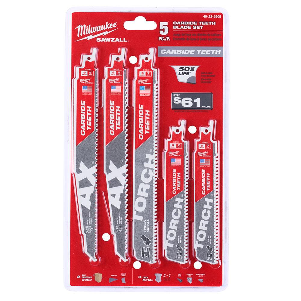Milwaukee 5pc Carbide Teeth SAWZALL Blade Set 49-22-5505 - Acme Tools