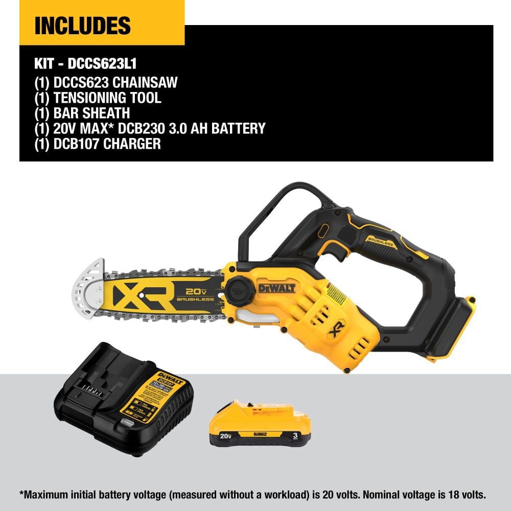 DEWALT 20V MAX 8inch Pruning Chainsaw Brushless Cordless Kit DCCS623L1 ...