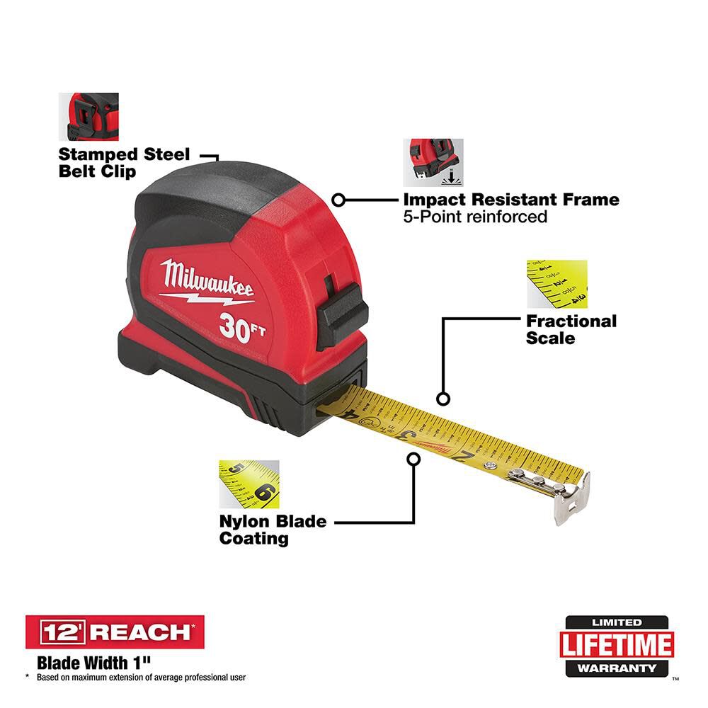 Milwaukee 30 ft. Compact Tape Measure 48-22-6630 - Acme Tools