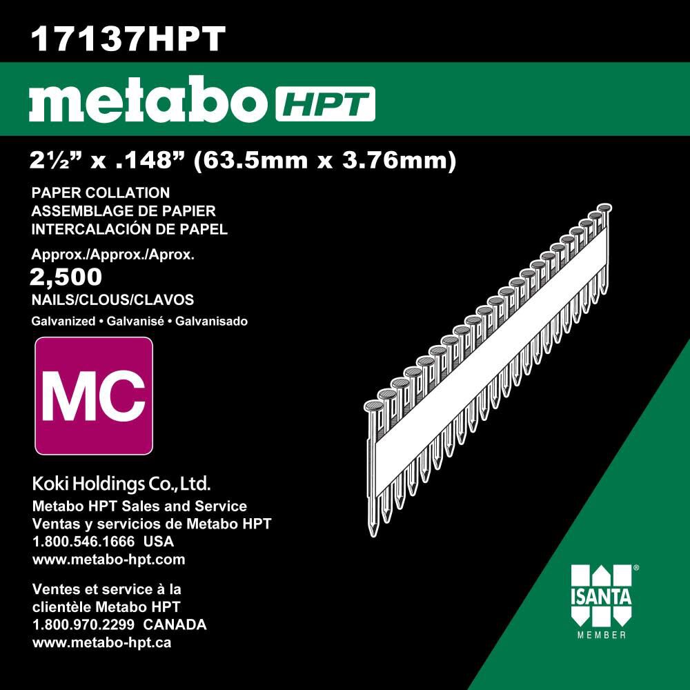 Metabo HPT 2 1/2in Paper Collated Strap Tite Nails 2500qty 17137HPT ...