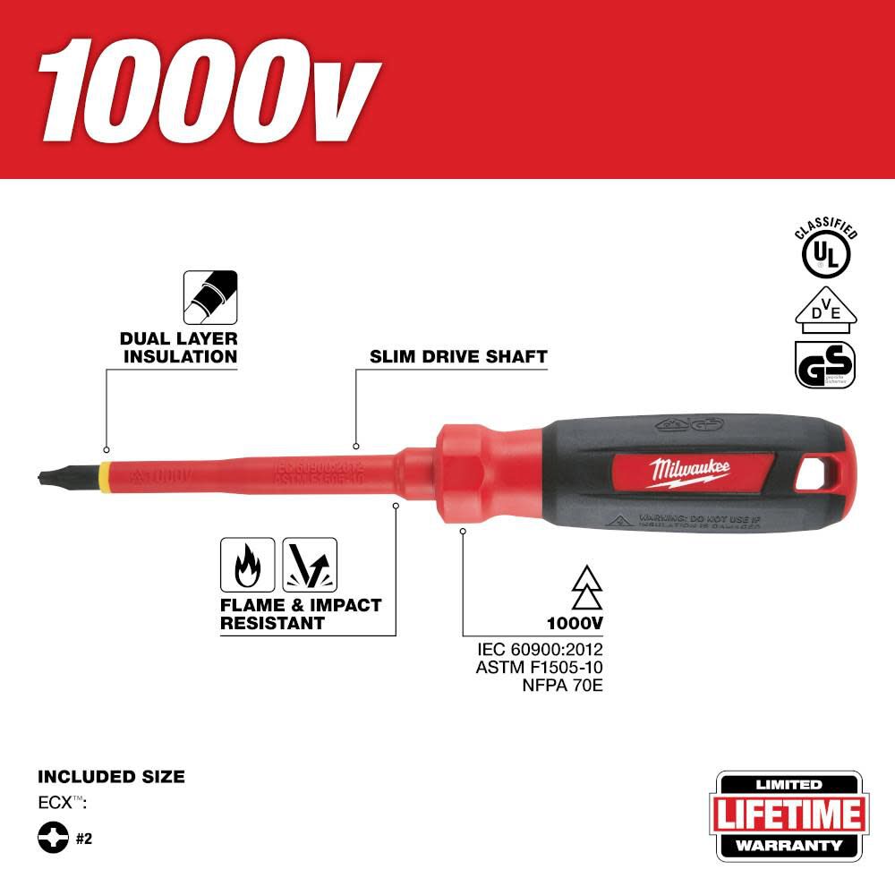 Milwaukee #2 ECX 4inch 1000V Insulated Screwdriver 48-22-2242 from ...