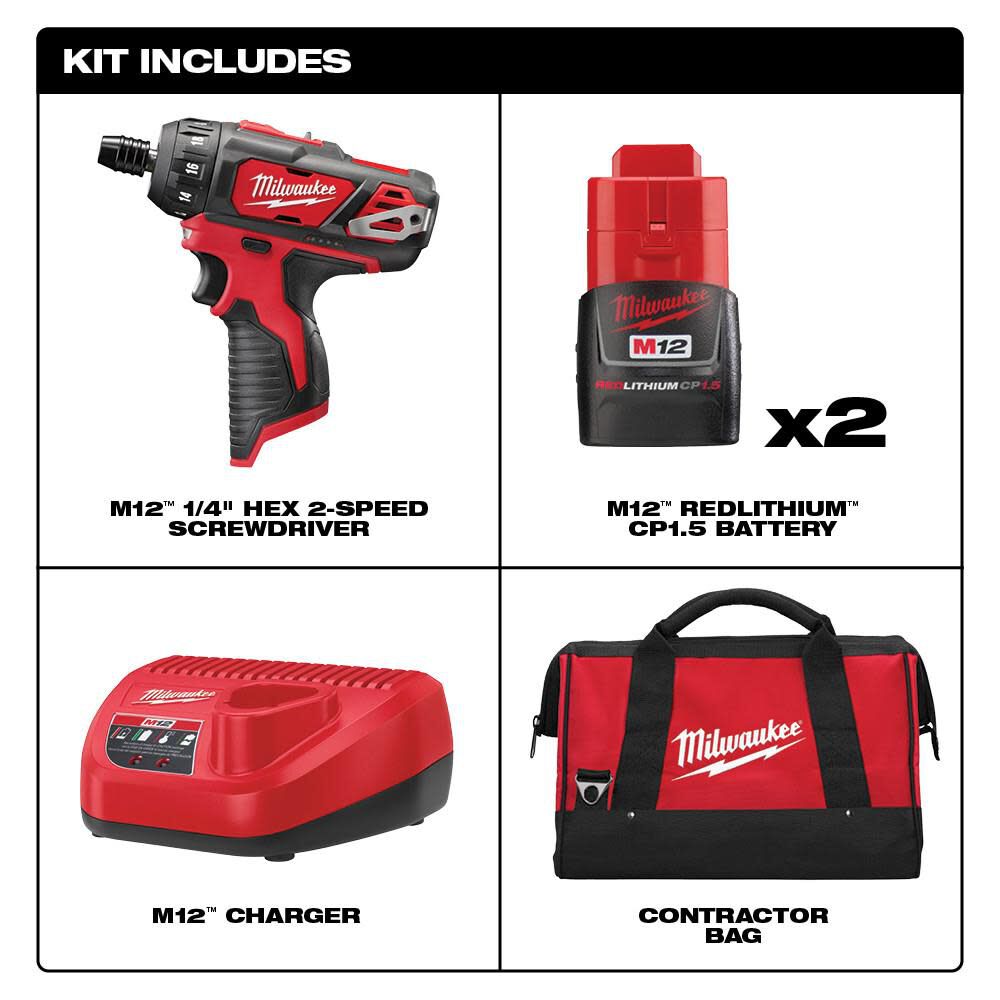 Milwaukee M12 1/4 in. Hex 2 Speed Screwdriver Kit 2406-22 - Acme Tools