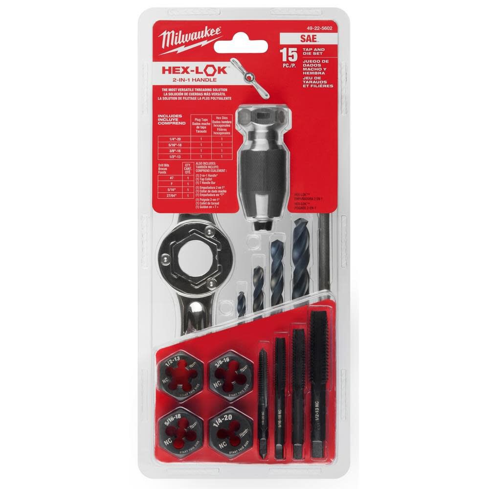Milwaukee SAE Tap and Die 15pc Set with Hex-LOK 2-in-1 Handle 49-22-5602 from Milwaukee - Acme Tools