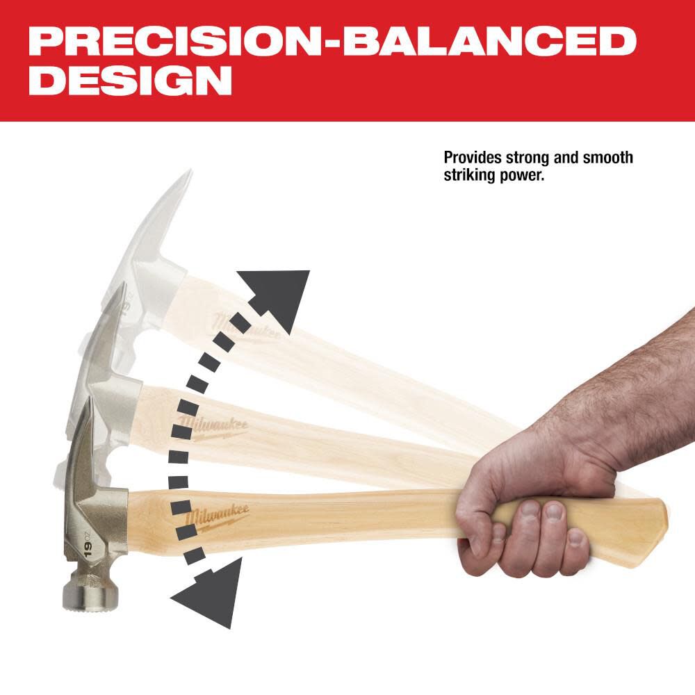 Milwaukee 19oz Milled Face Hickory Wood Framing Hammer 48-22-9419 from ...