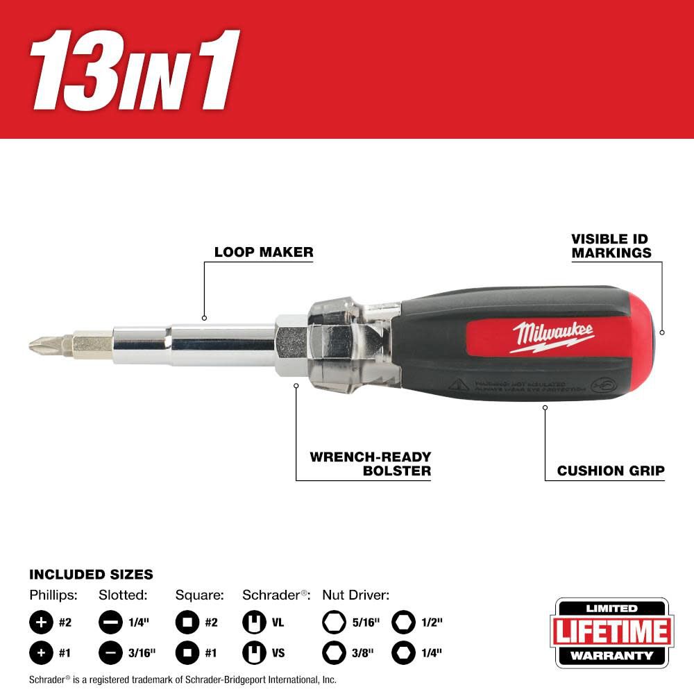 Milwaukee 13-in-1 Cushion Grip Screwdriver with Schrader Bit 48-22-2881 - Acme Tools