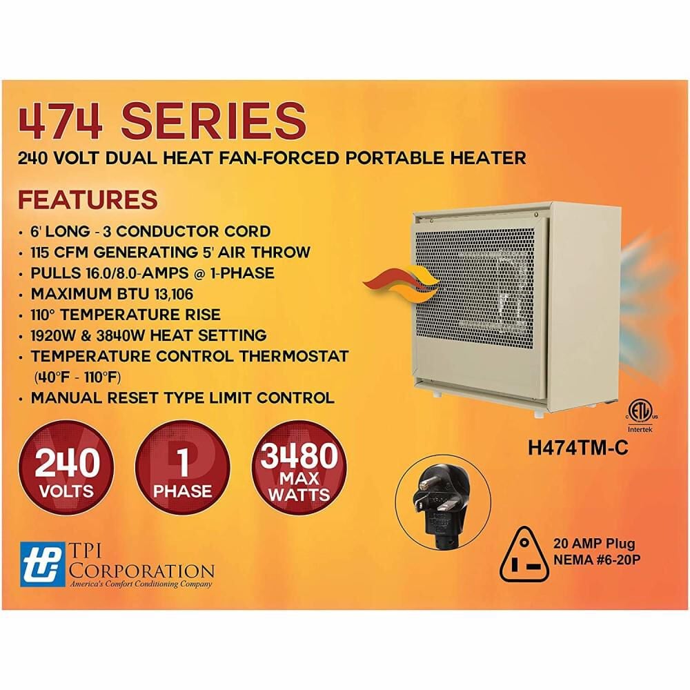 TPI Corporation Heater 240V 1 Phase 1920with 3840W Dual Heat Fan Forced ...