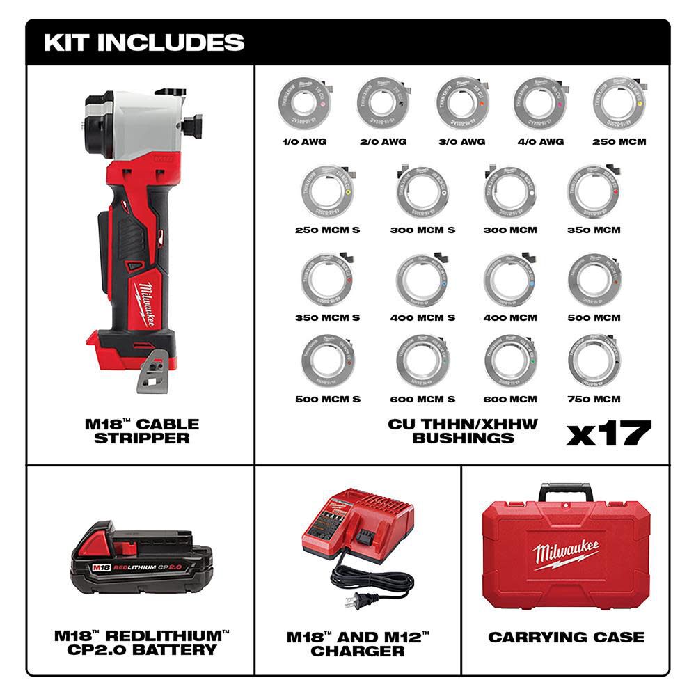 Milwaukee M18 Cable Stripper Kit with 17 Cu THHN / XHHW Bushings 2935CU ...