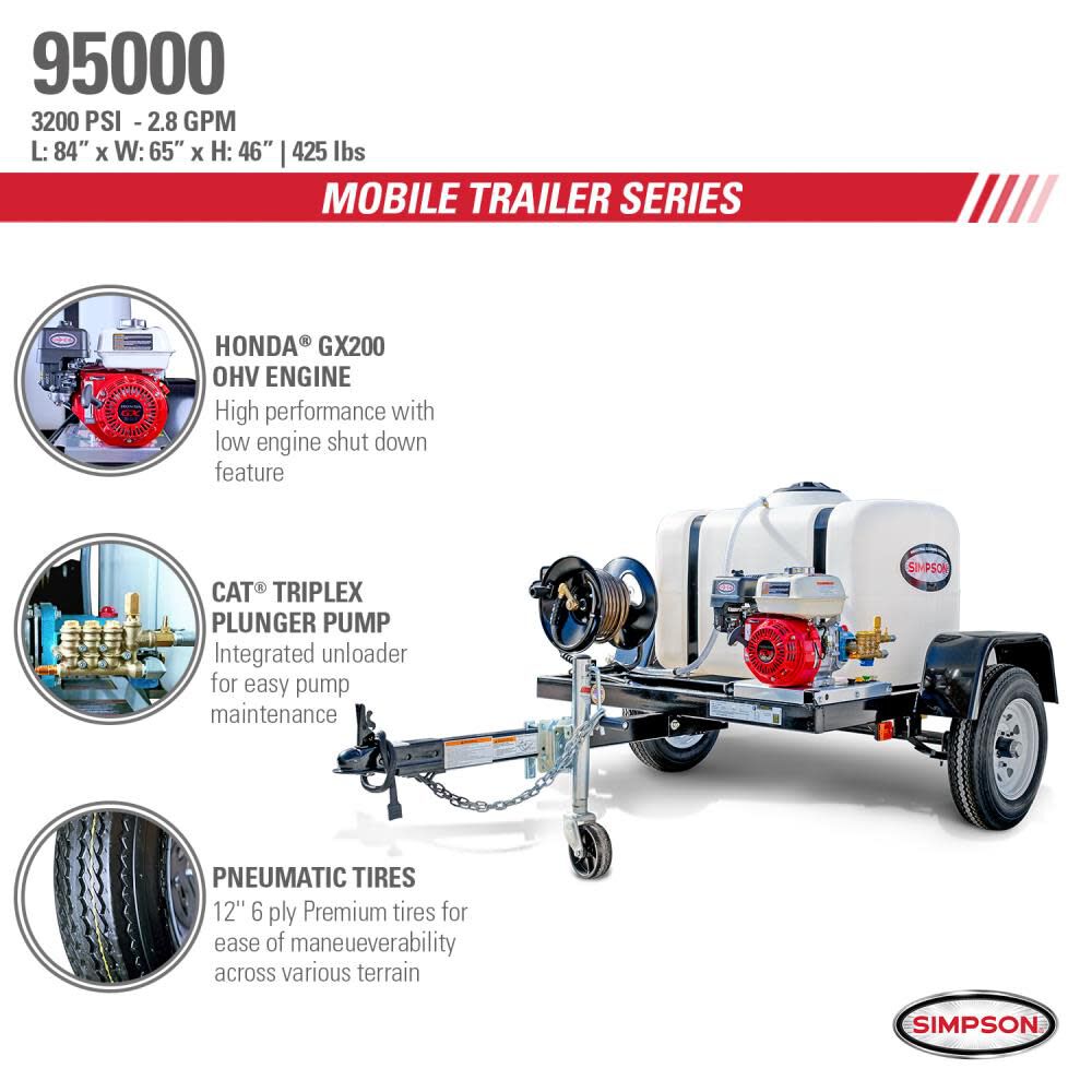 Simpson Cold Water Professional Gas Pressure Washer Trailer 3200 PSI ...