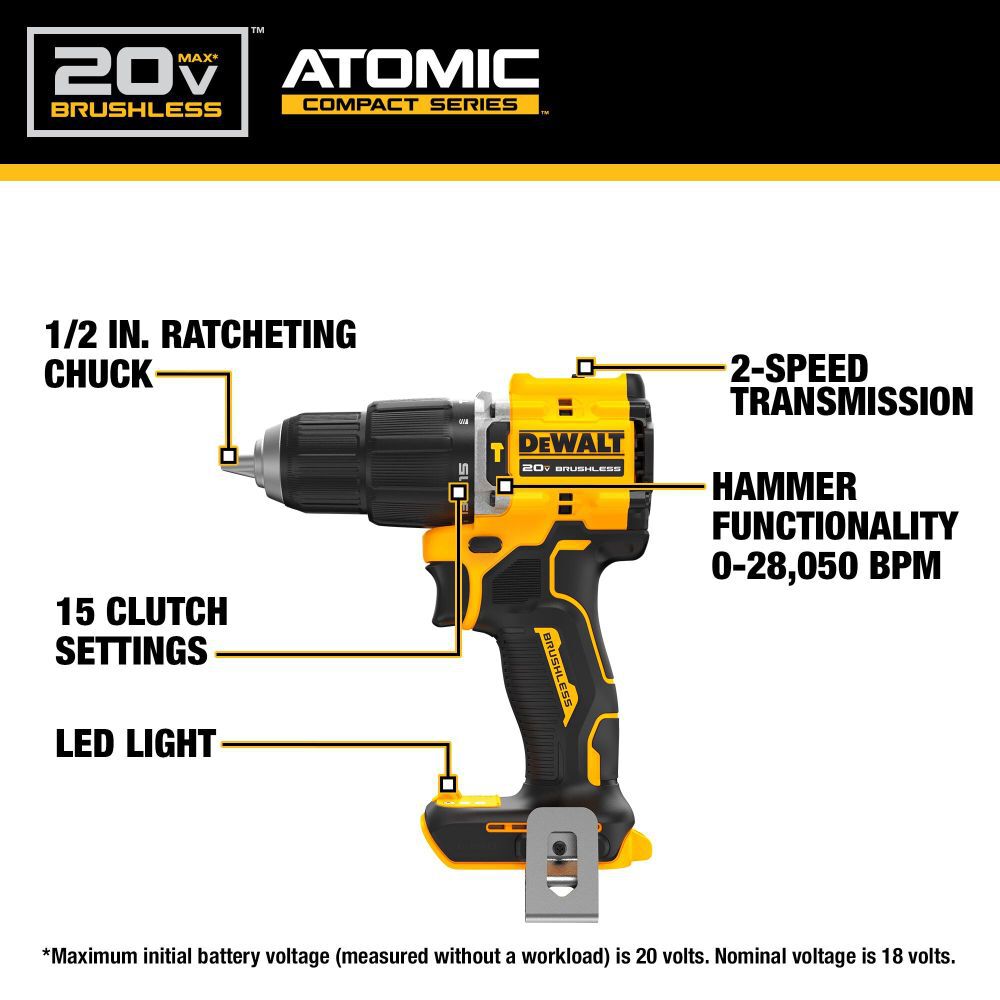 DEWALT ATOMIC COMPACT SERIES 20V MAX Brushless Cordless 1/2in Hammer ...