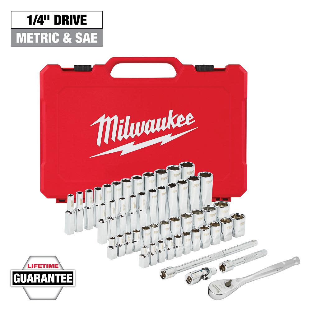 Milwaukee 1/4 in. Drive 50 pc. Ratchet & Socket Set - SAE & Metric 48 ...