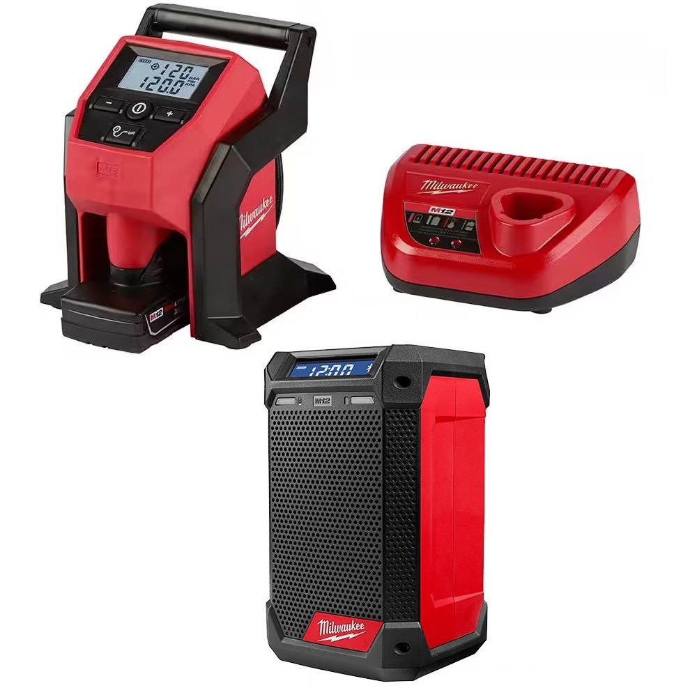 Milwaukee M12 Compact Inflator Kit, M12 Radio + Charger Bundle ...