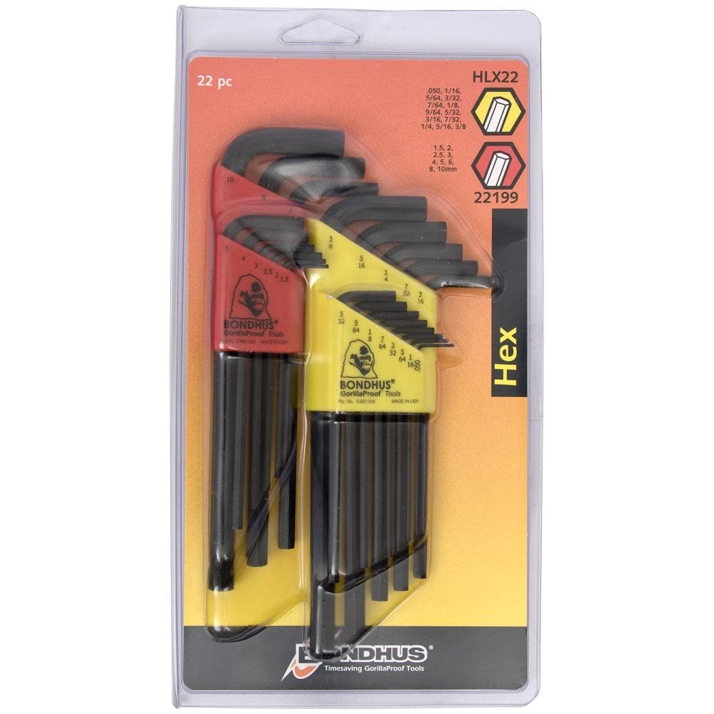 Bondhus Double Set of Hex Tip L-Wrenches with Color Coded Case 22199 ...