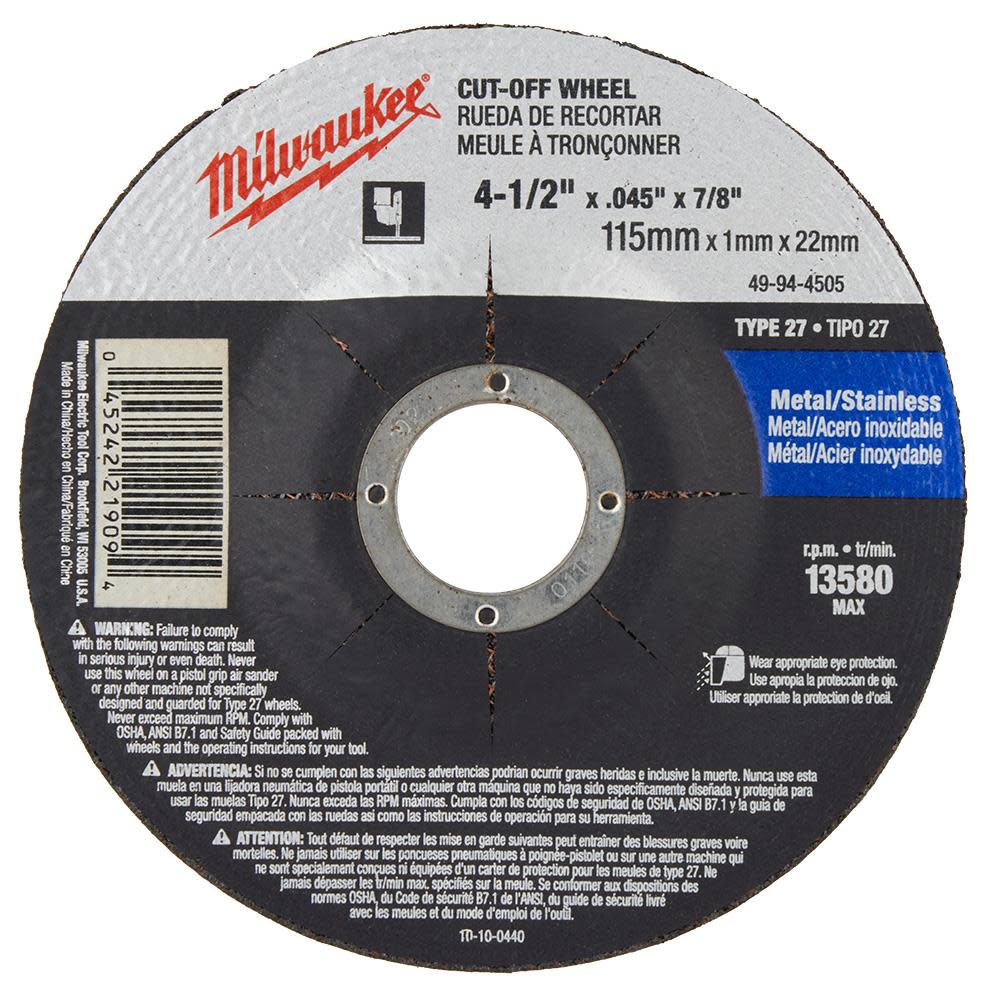 Milwaukee 4-1/2 in. x .045 in. x 7/8 in. Cut-Off Wheel (Type 27) 49-94 ...