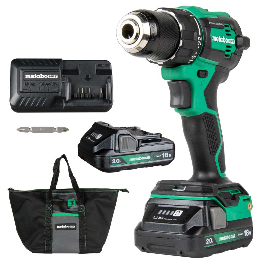 Metabo HPT 18V MultiVolt Cordless Brushless Hammer Drill Kit (2 x 2.0Ah ...