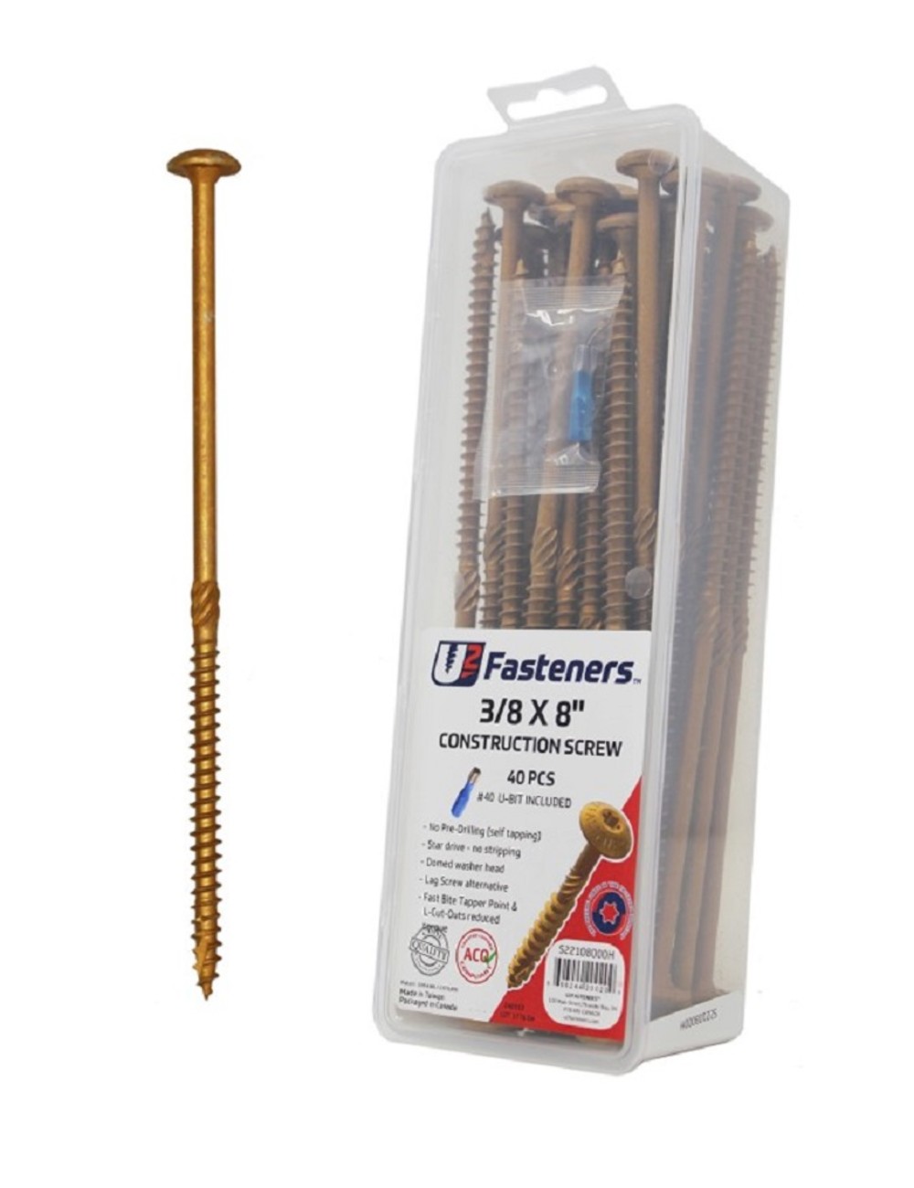 U2 Fasteners Construction Screw 3/8 Inch X 8 Inch, 40ct S22108000H - Acme Tools