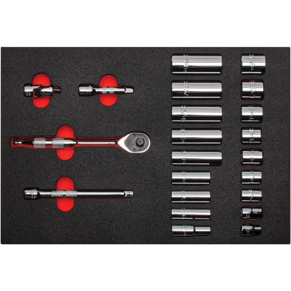 Proto 3/8in Drive 12pt Foamed Socket Set 22pc with Pear Head Ratchet ...