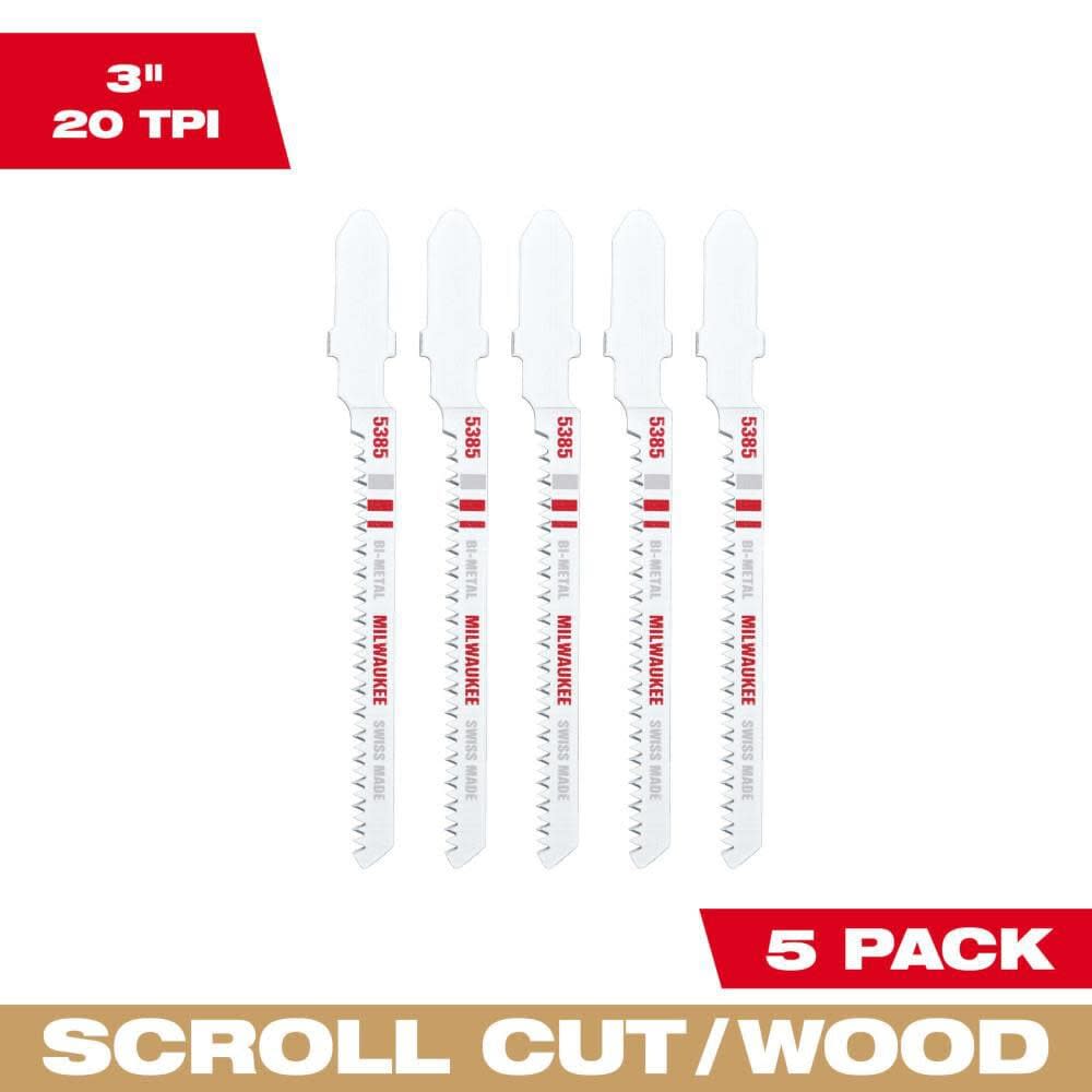 Milwaukee 3in 20TPI T-Shank Wood Bi-Metal Jigsaw Blades 5pk 48-42-5385 ...