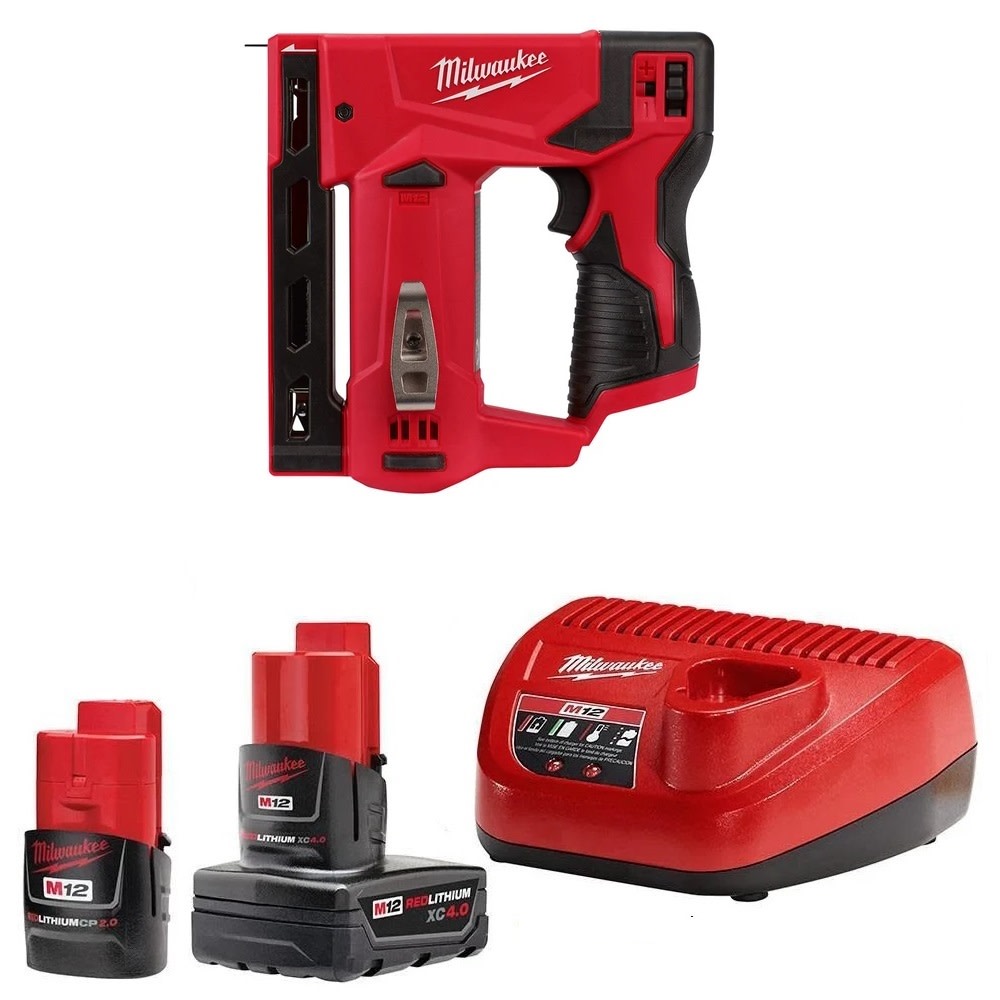 Milwaukee M12 3/8In. Crown Stapler-Bare, CP 2Ah & XC 4Ah Starter Kit ...
