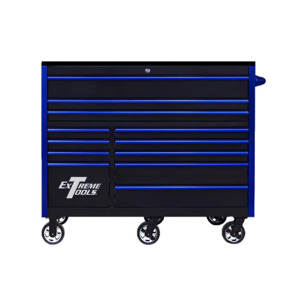 Extreme Tools 55in Black Roller Cabinet With Blue Drawer Pulls