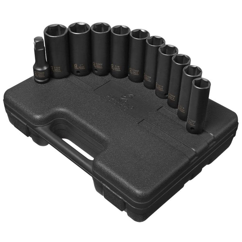 Sunex 1/2 In. Drive SAE & Metric Extra Thin Wall Deep Impact Socket Set 2611 - Acme Tools