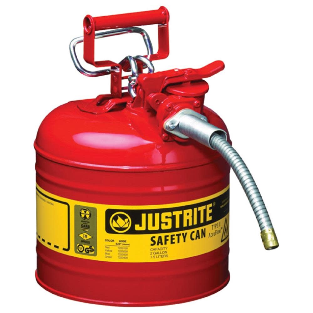 Justrite 2 Gal AccuFlow Safety Red Gas Can Type II 7220120 - Acme Tools